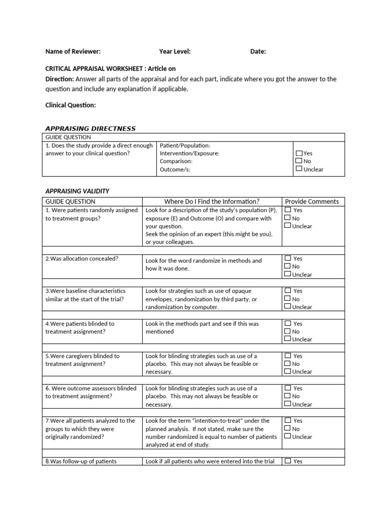 Critical Appraisal Worksheet Guide - 1 | PDF | Health Sciences | Medicine