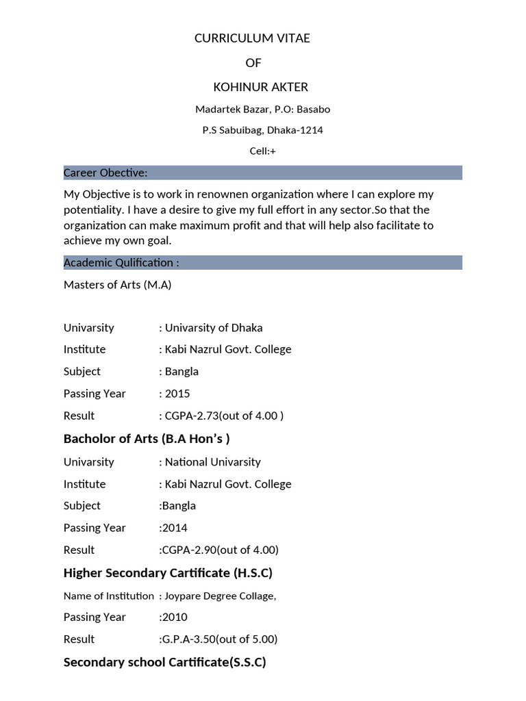 Kohinur Akter's Professional CV | PDF