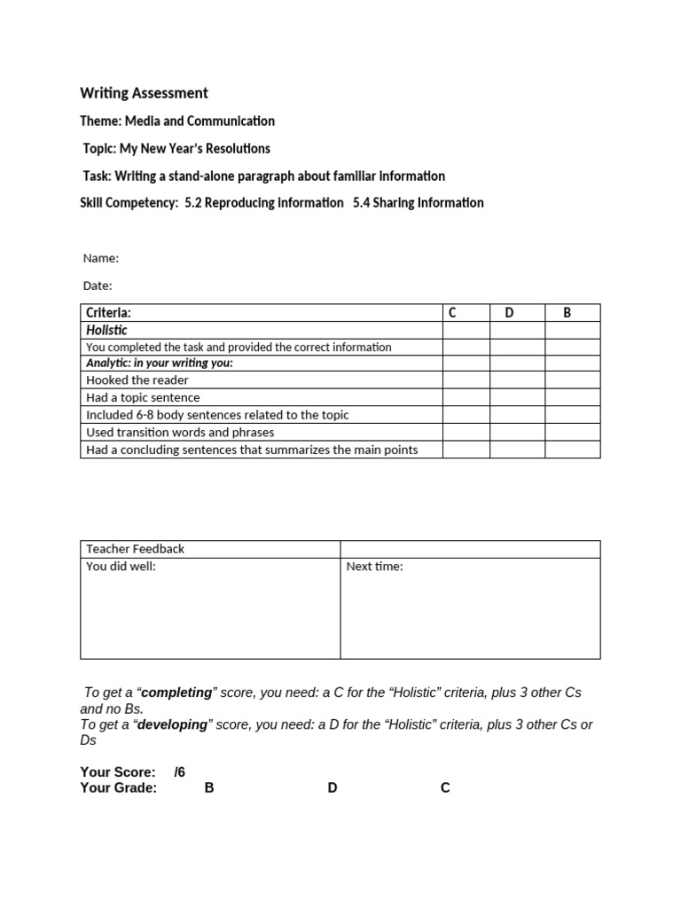 Writing Assessment. - Media and Comm.5.2 - 5.4 | PDF