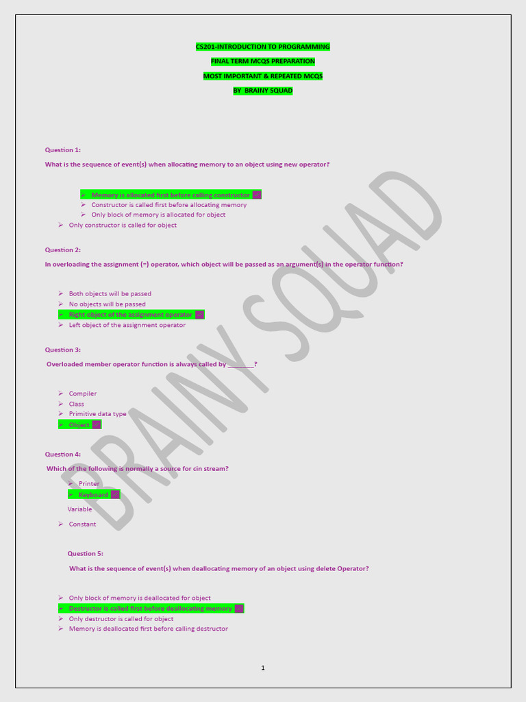 Cs201 Final Term Prepration by Briany Squad | PDF | Constructor (Object Oriented Programming ...