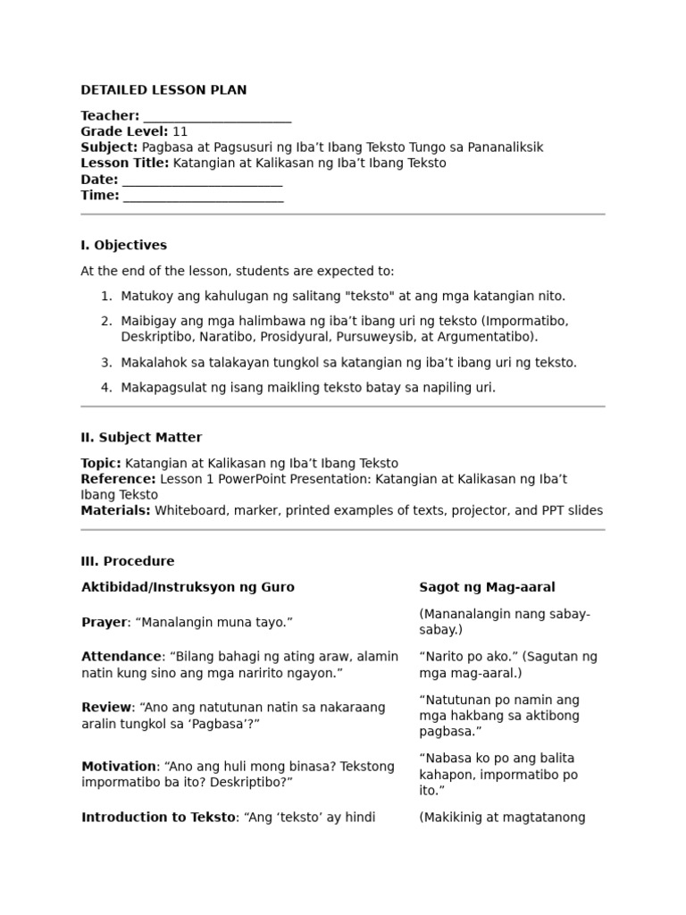 Detailed Lesson Plan - Week 1 | PDF
