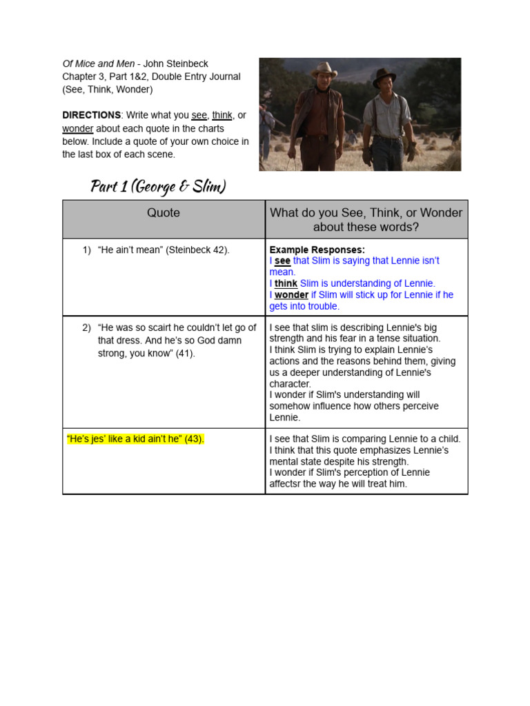Double Entry Journal for Of Mice and Men | PDF