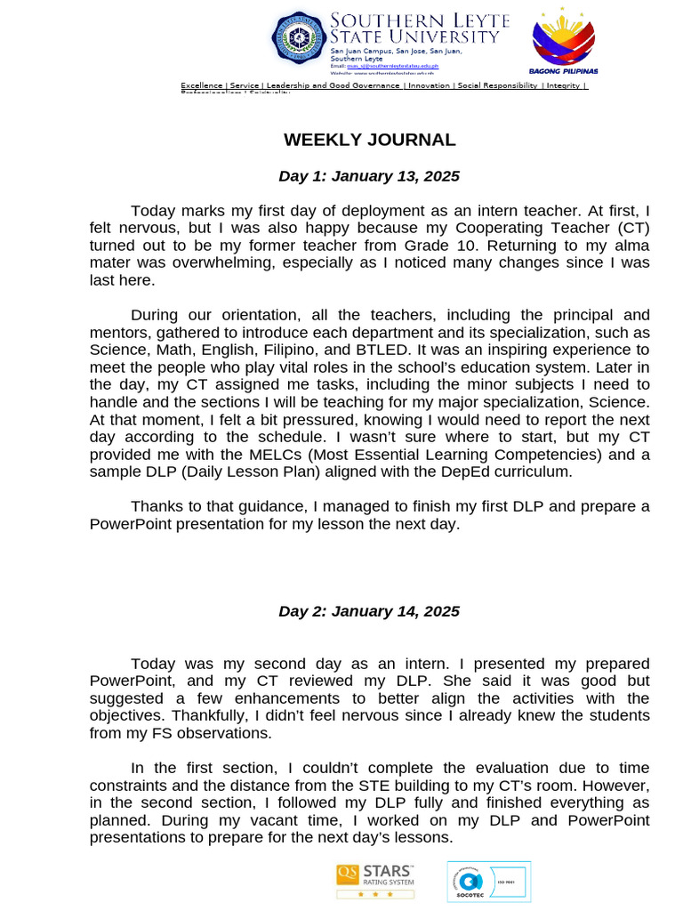Weekly Internship Journal: Teaching Insights | PDF | Teachers | Learning