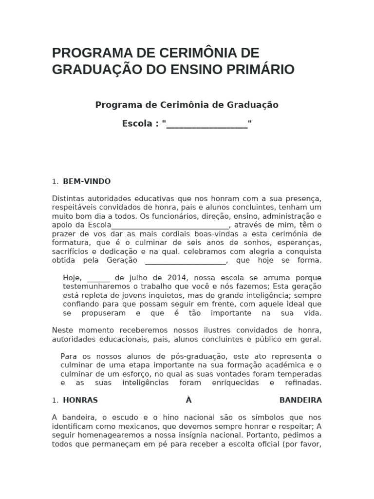 MODELO Programa de Cerimônia de Graduação de Educação Primária | PDF ...
