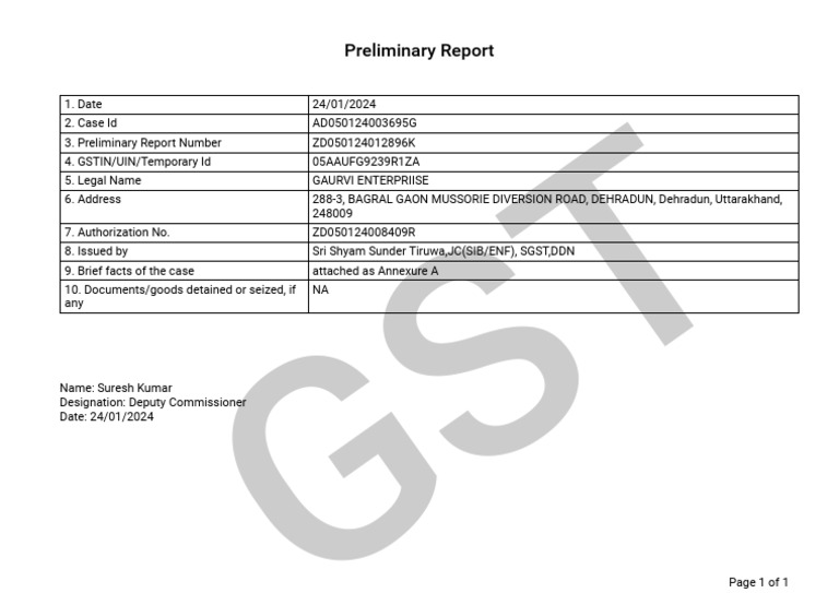 Preliminary GST Report for Gaurvi Enterprise | PDF