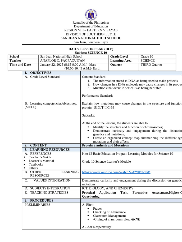 Science 10 Lesson Plan Week 4 Part 2 Mutations | PDF | Chromosome ...