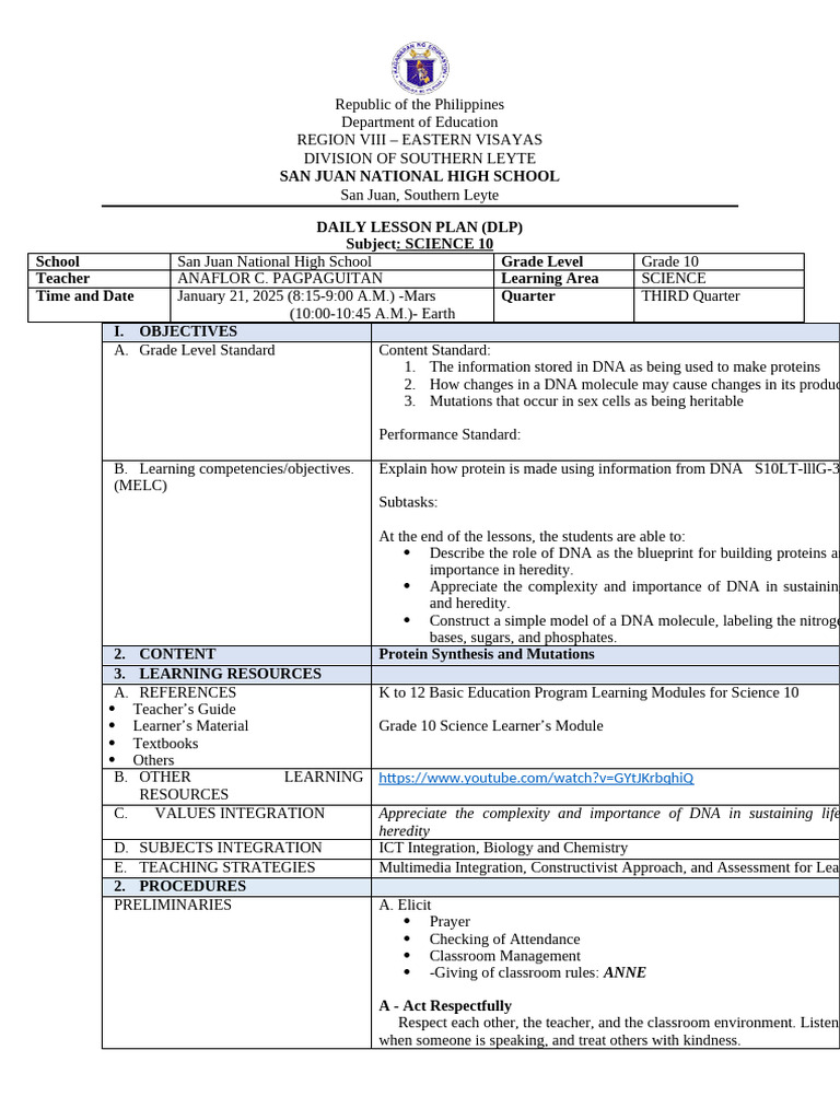 science 10 lesson plan week 4 part 1 Protein synthesis | PDF | Rna | Translation (Biology)