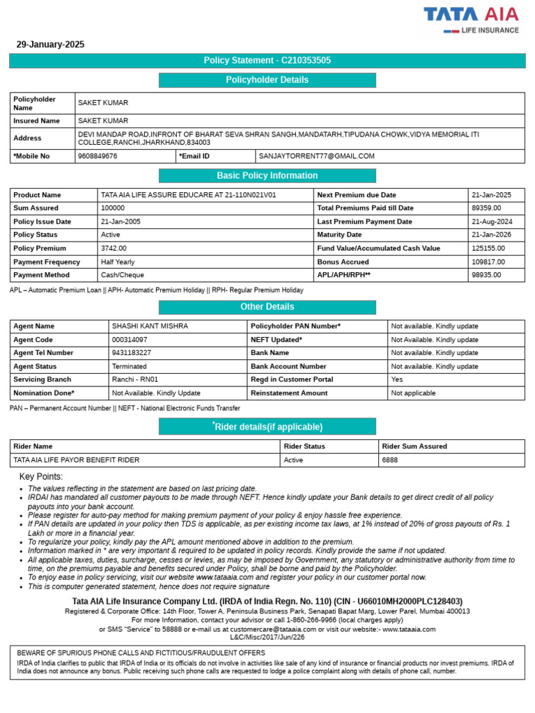 TATA AIA Life Insurance Policy Statement | PDF | Insurance | Life Insurance