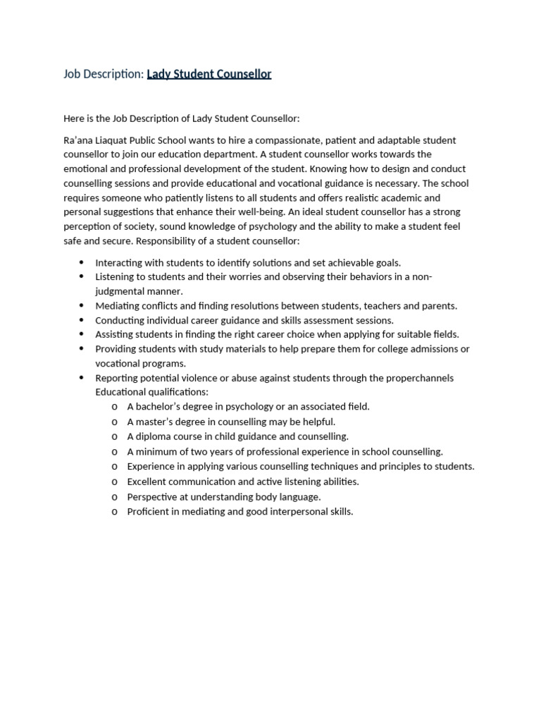 Lady Student Counsellor Job Description | PDF