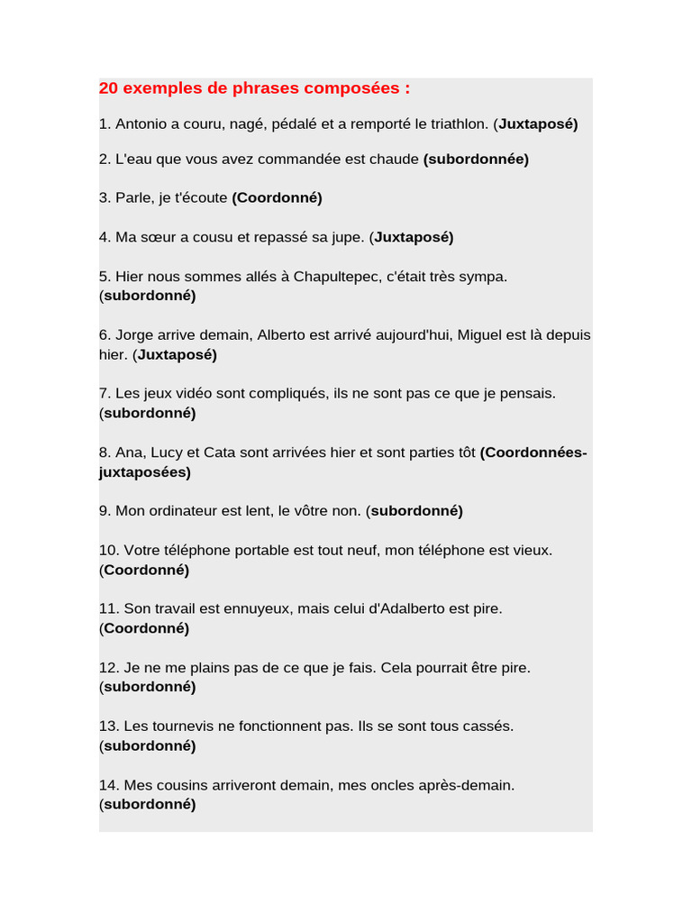 20 Exemples de Phrases Composées | PDF | Phrase | Verbe
