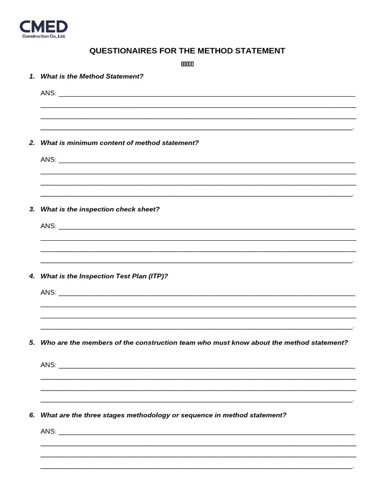 QUESTIONAIRES FOR THE METHOD STATEMENT | PDF