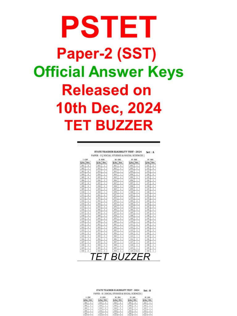 PSTET 2024 Official Answer Keys (Paper-2) SST | PDF