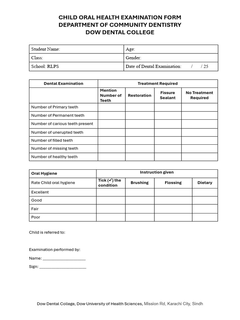 Child Oral Health Examination Form | PDF