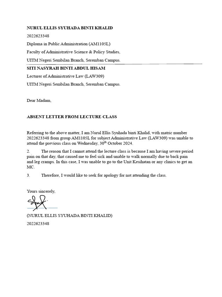 Sick Leave Excuse Letter for Class | PDF
