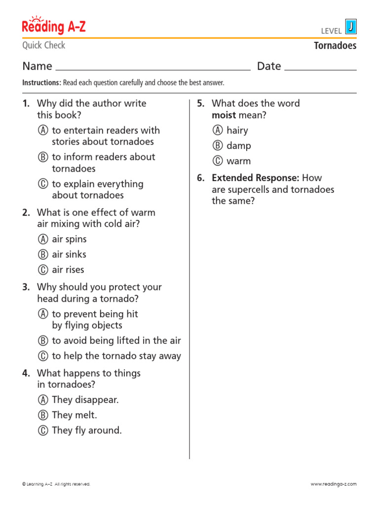 Tornadoes Quick Check Assessment | PDF