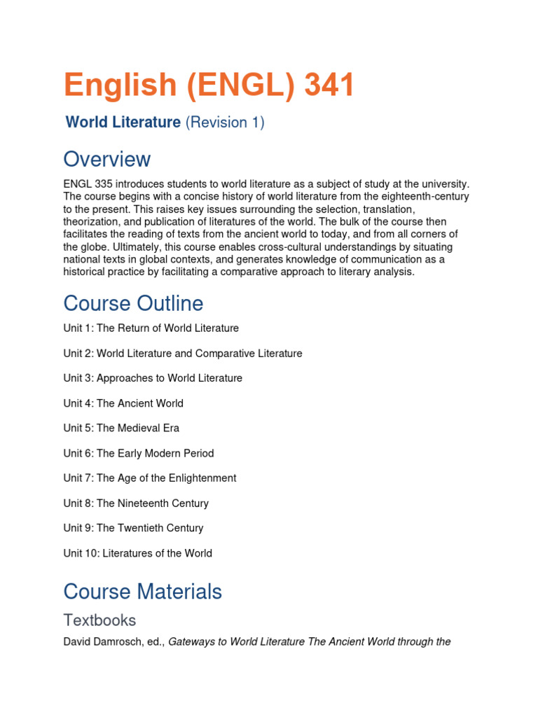 English 341 World Literature V 1 | PDF