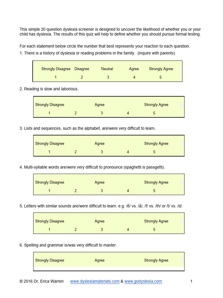 Dyslexia Screening Questionnaire | PDF | Dyslexia | Human Communication