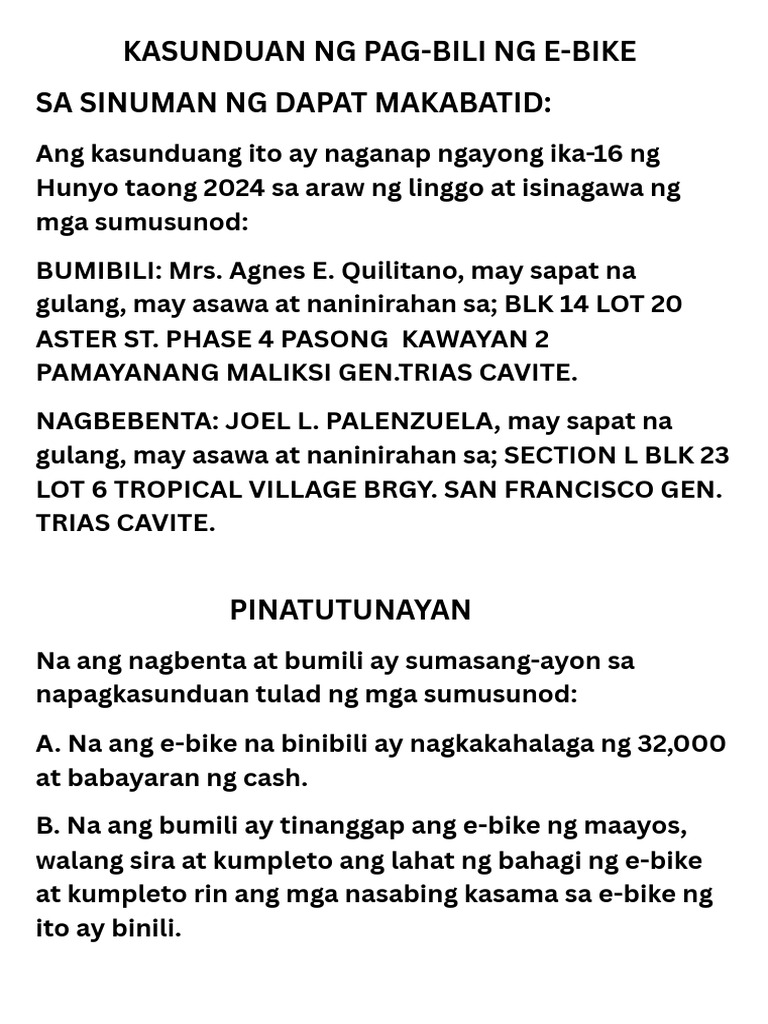 Kasunduan NG Pag-Bili NG E-Bike | PDF