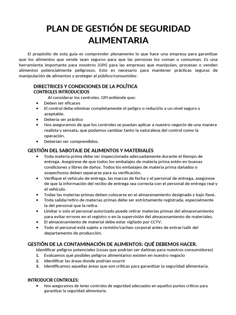 Plan de Seguridad Alimentaria | PDF | Seguridad alimenticia | Alimentos