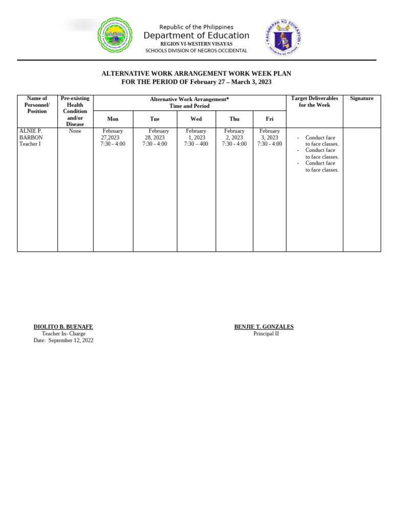 Alternative-Work-arrangement-work-week-plan (1) .Docx - February 27 - March 2023 | PDF