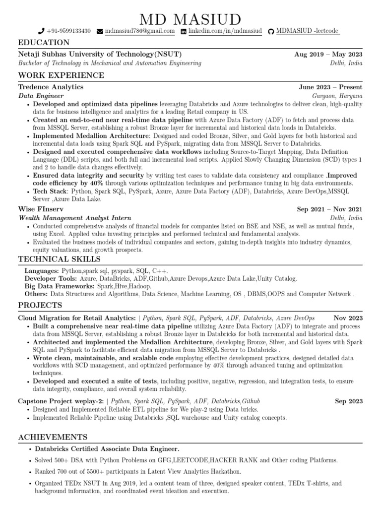 Data Engineer Resume: Skills & Projects | PDF | Microsoft Sql Server ...
