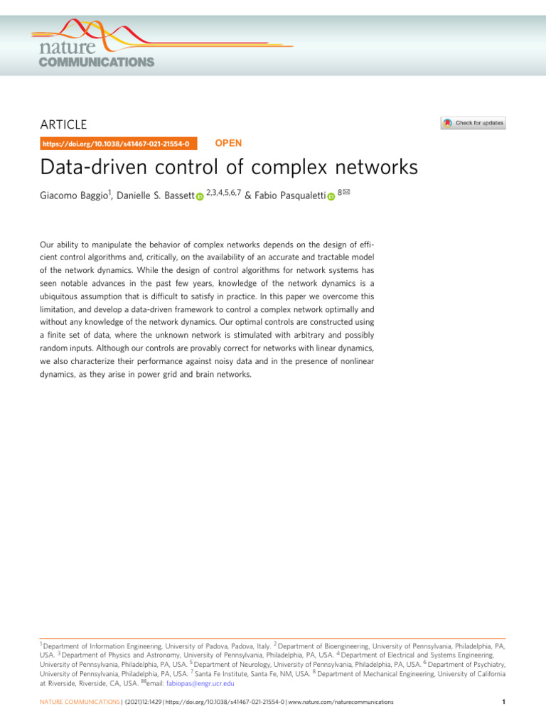 Data-Driven Control of Complex Networks | PDF | Matrix (Mathematics) | Optimal Control