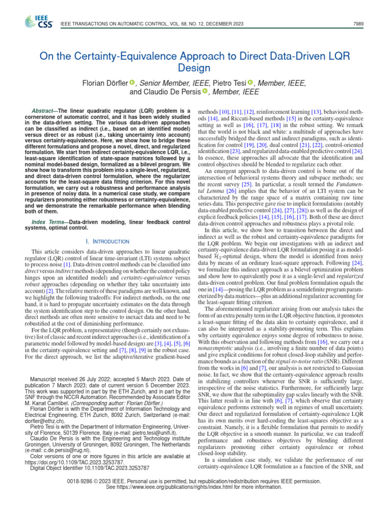 On The Certainty-Equivalence Approach To Direct Data-Driven LQR Design | PDF | Matrix ...