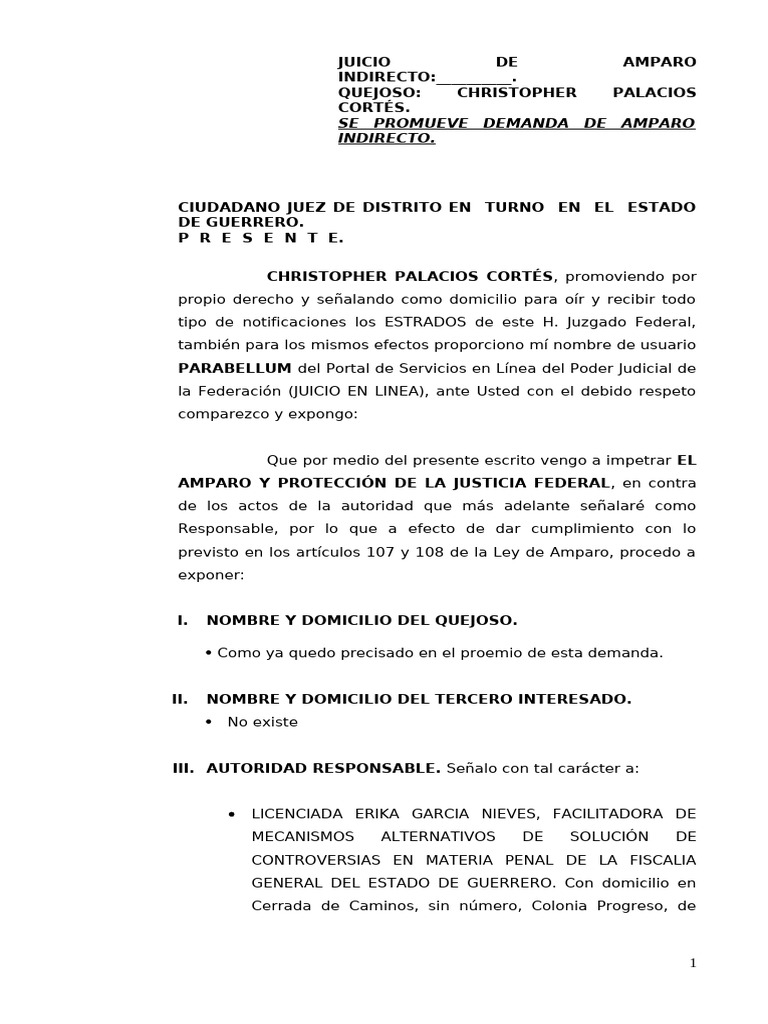 Juicio de Amparo Ind Chris Art 8 Const VS Falta de Acuerdo Facilitadora Fge | PDF | Caso de ley ...