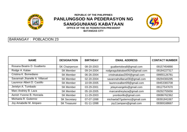 SK Officials List for Poblacion 23 | PDF