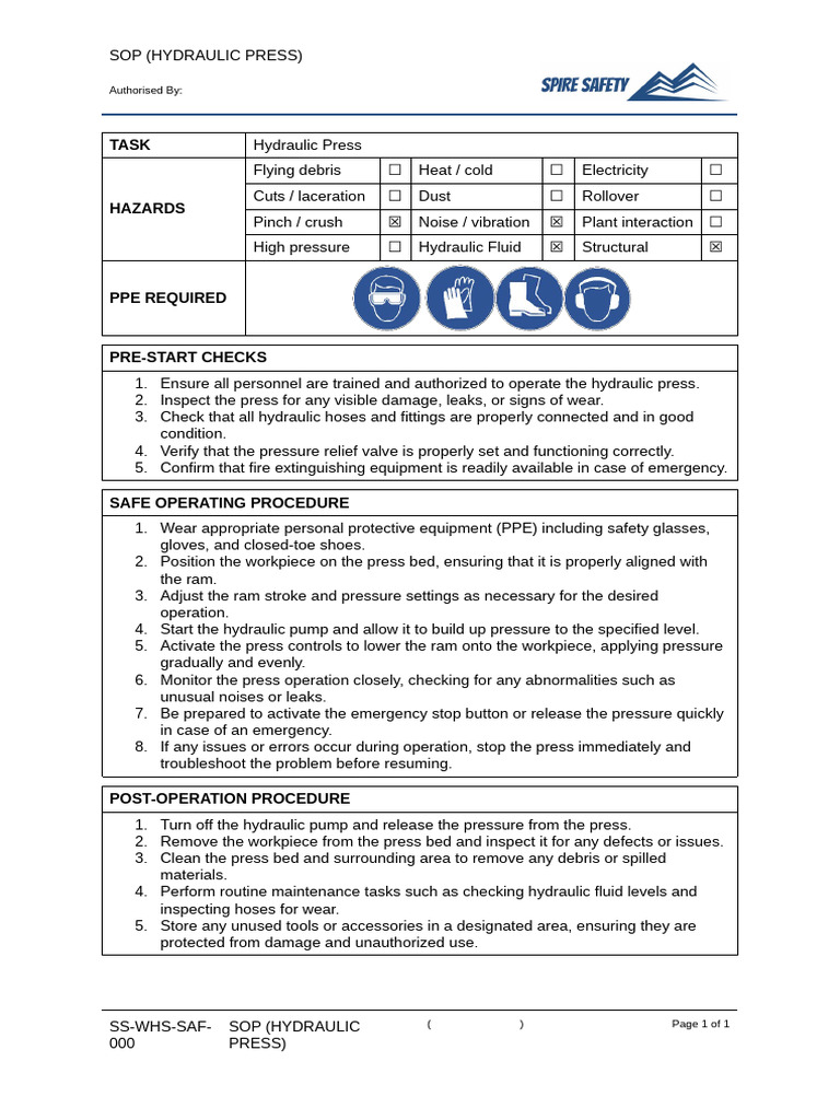 SS WHS SAF 000 Safe Operating Procedure Hydraulic Press | PDF ...