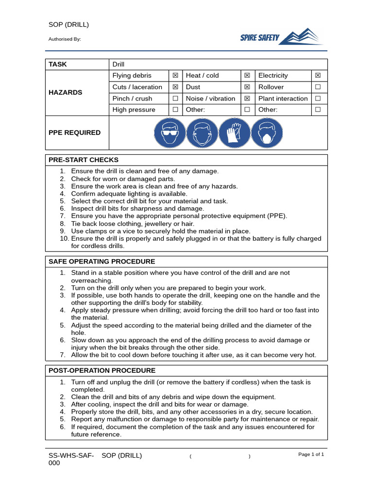 SS WHS SAF 000 Safe Operating Procedure Drill | PDF | Drill | Personal ...