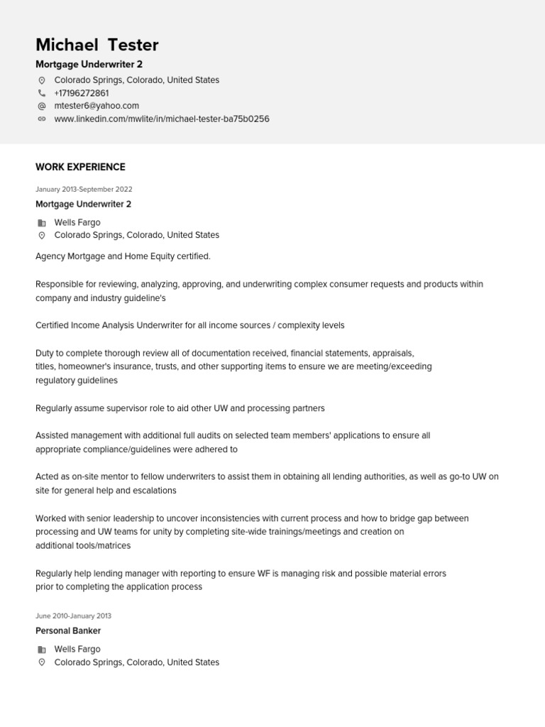 Michael Tester resume | PDF | Underwriting | Mortgages