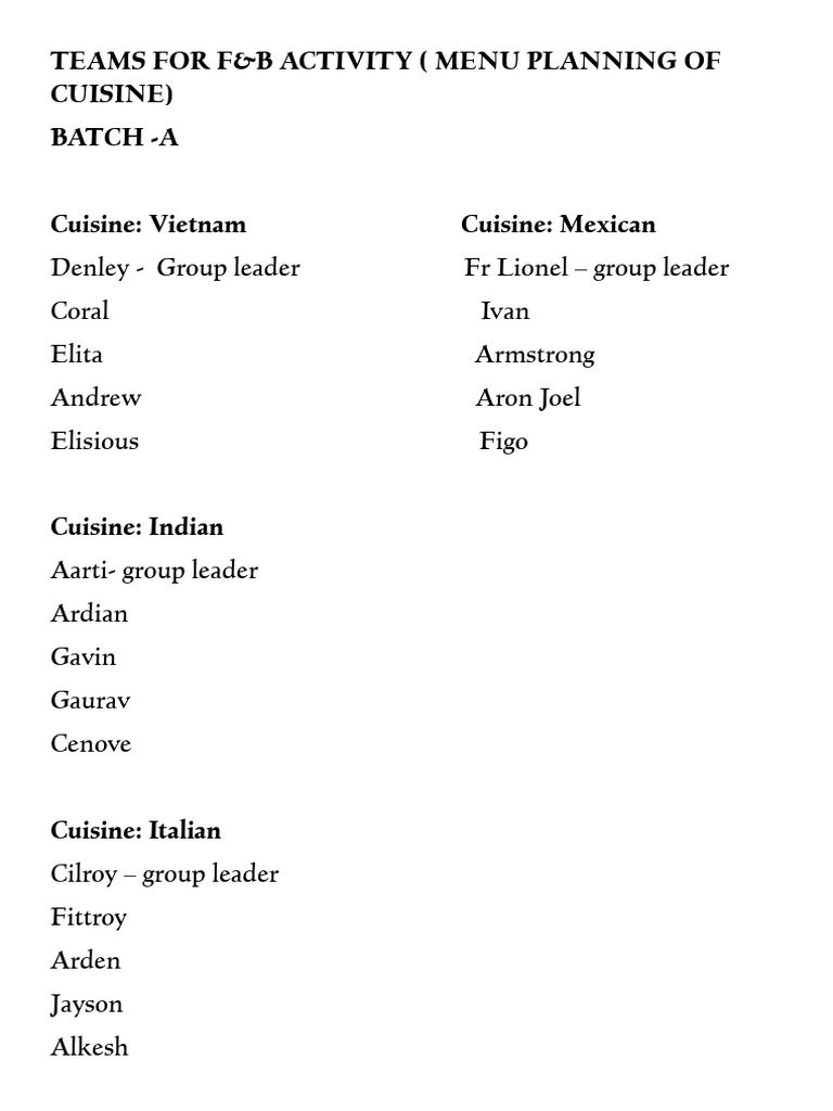 TY - Food Beverage Service Activity Menu Planning of Cuisine | PDF