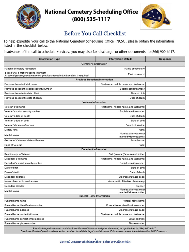 National Cemetery Scheduling Office - Before You Call Checklist | PDF