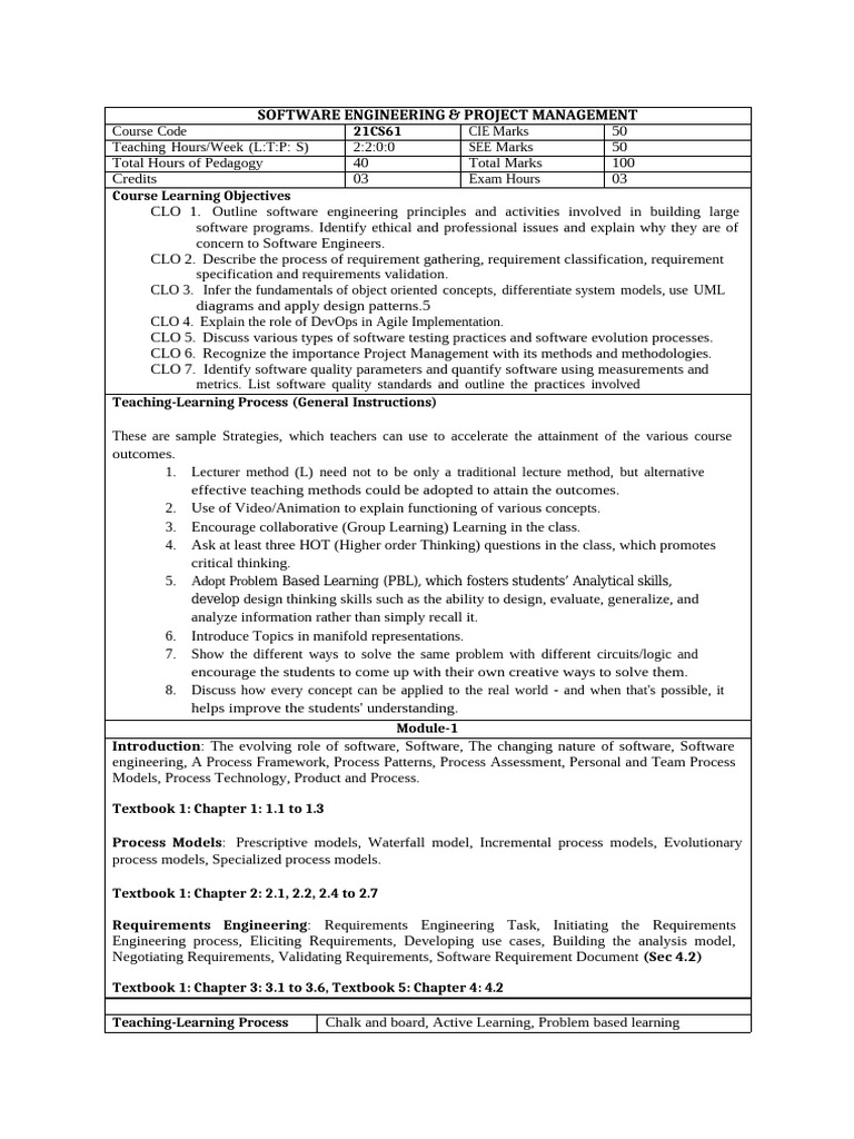 SOFTWARE ENGINEERING 21cs61 | PDF | Project Management | Agile Software Development