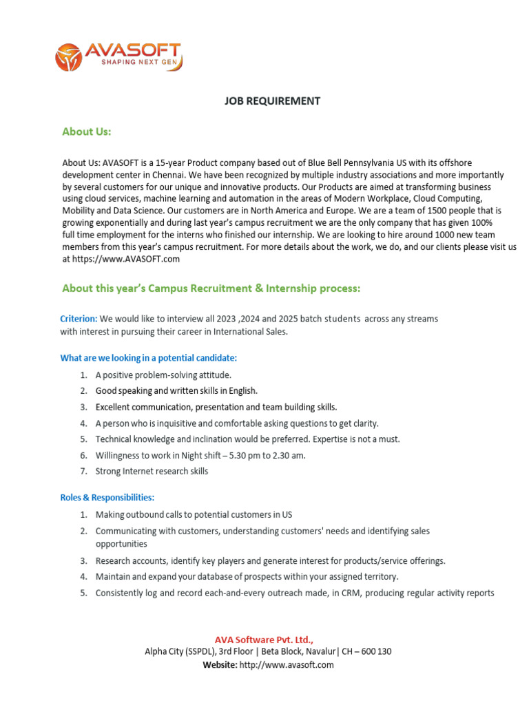 AVASOFT BDE - JOB REQUIREMENT 2025 | PDF | Recruitment | Internship