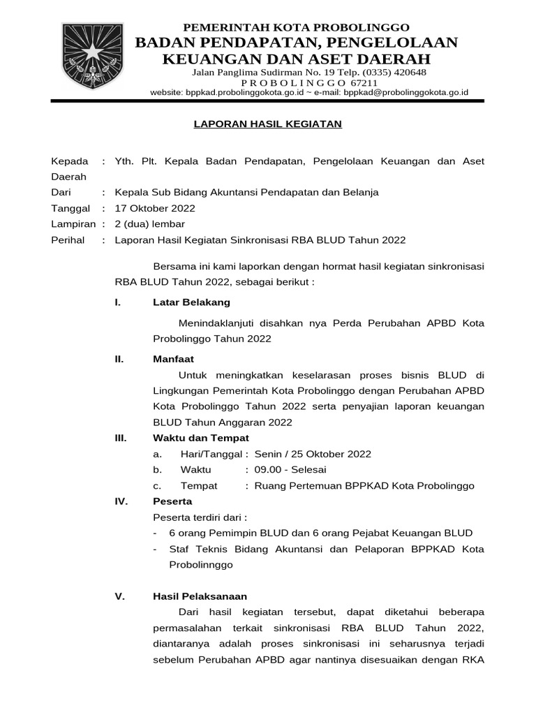 Laporan Hasil Kegiatan Sinkronisasi RBA BLUD, Senin 17-10-2022 | PDF