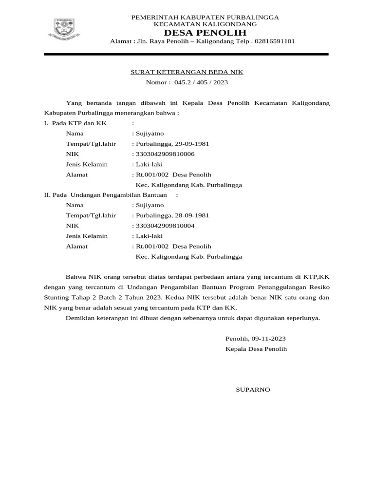 Surat Keterangan BEDA NAMA | PDF