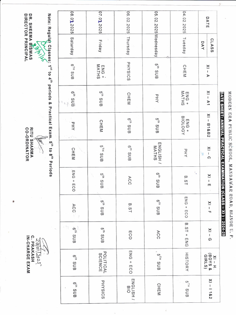 Practical Date Sheet Class Xi | PDF