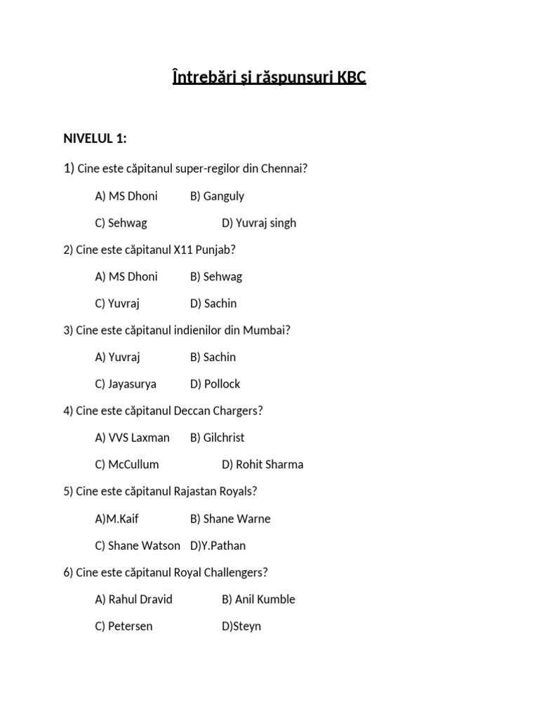 Întrebări Și Răspunsuri KBC | PDF