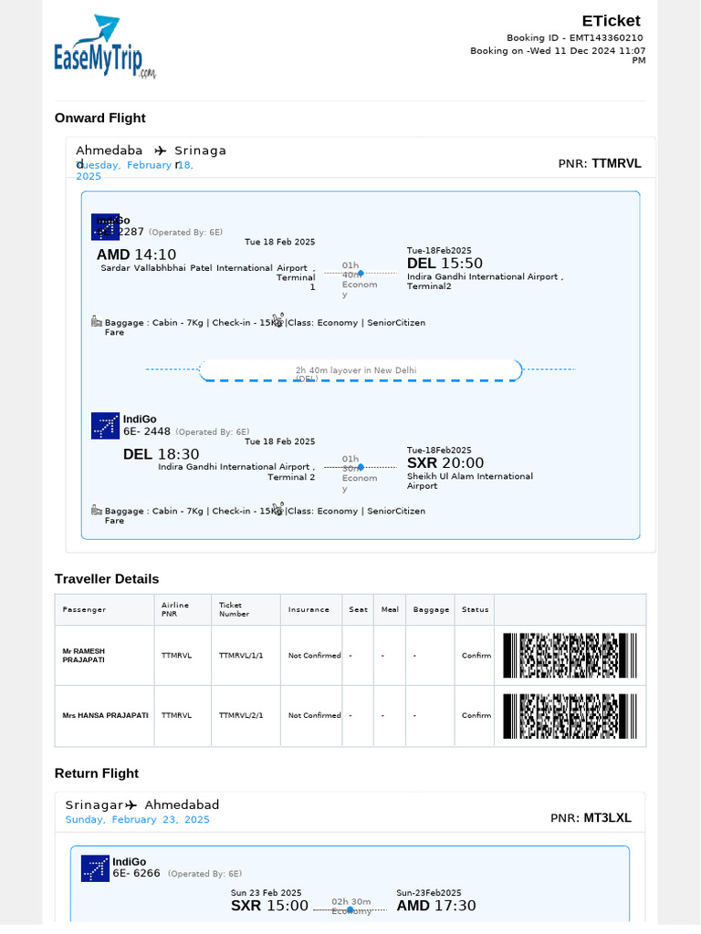 EaseMyTrip Flight E-Ticket for flights | PDF | Travel Visa | Insurance