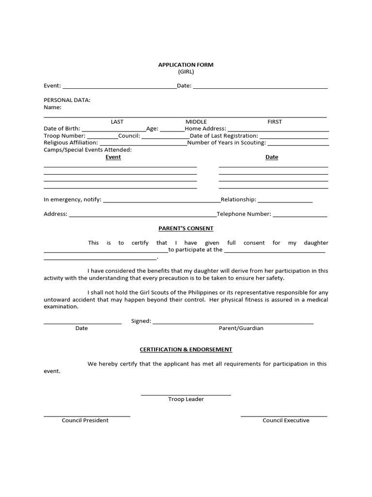 APPLICATION Form - Parents Consent - GIRL | PDF