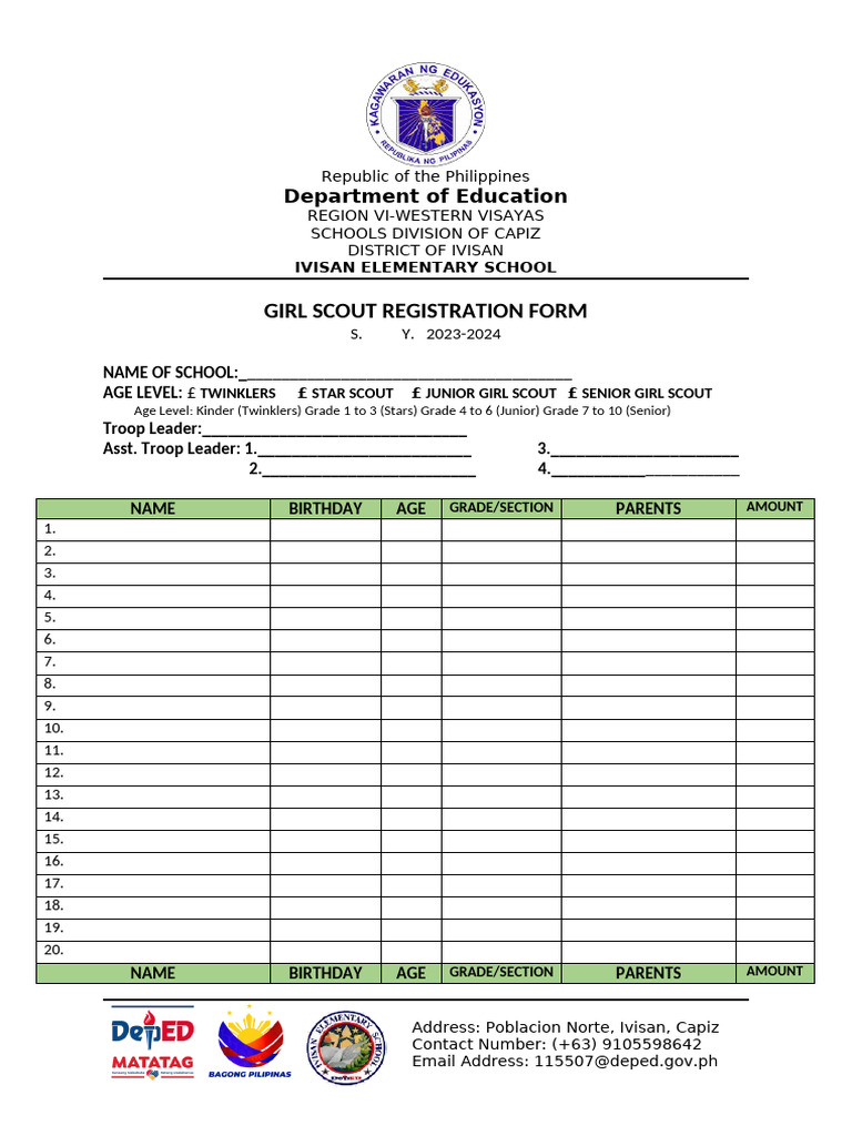 Girl Scout Registration Form 2023-2024 | PDF