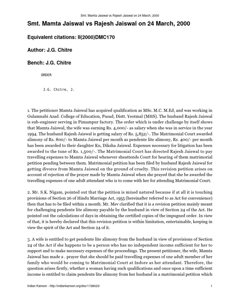 SMT Mamta Jaiswal Vs Rajesh Jaiswal On 24 March 2000 | PDF | Alimony | Marriage