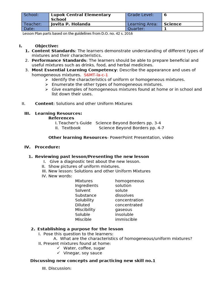 Q1-Lesson Plan Solutons and Uniform Mixtures | PDF | Mixture | Solubility