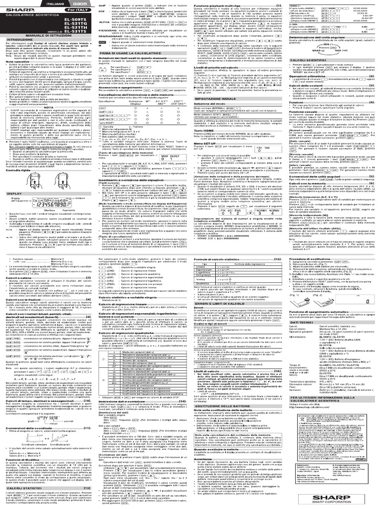 Manuale Uso Calcolatrice Sharp EL 531TG | PDF