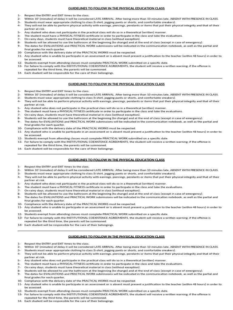 PE Class Guidelines & Rules | PDF | Physical Education