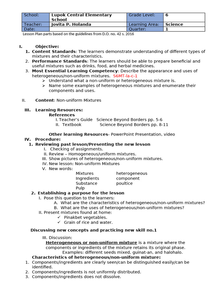 Q1-Lesson PlaN Non-Uniform Mixtures | PDF | Mixture