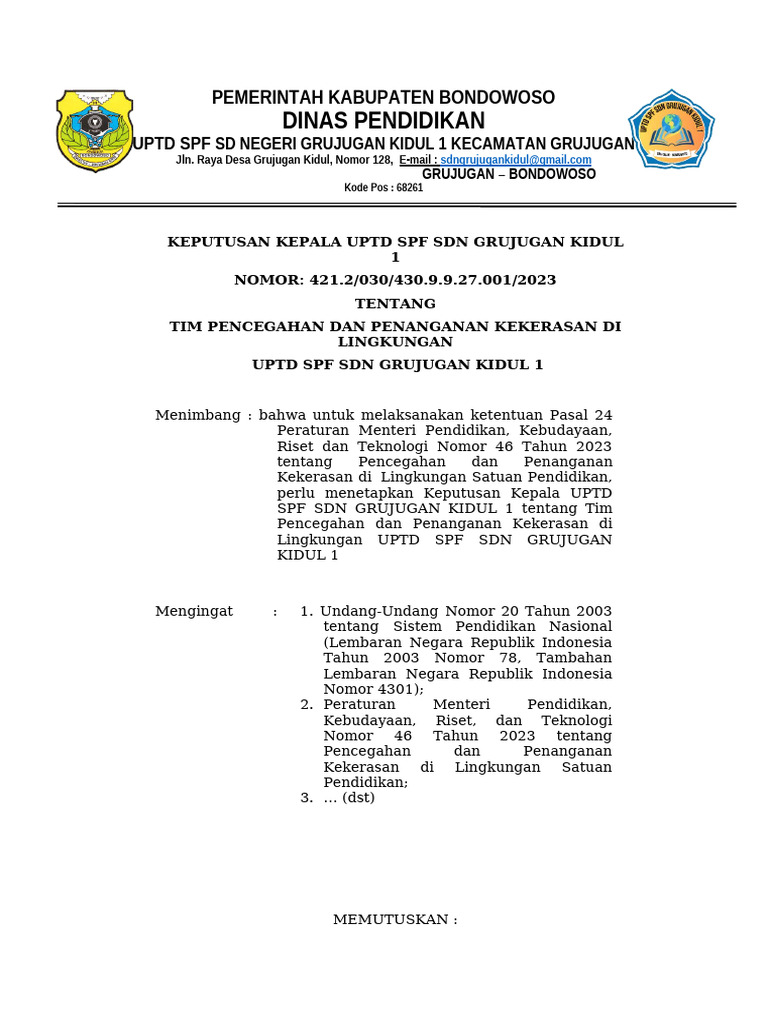 Lampiran 2 Contoh SK Kepala Satuan Pendidikan Pembentukan TPPK(1) | PDF