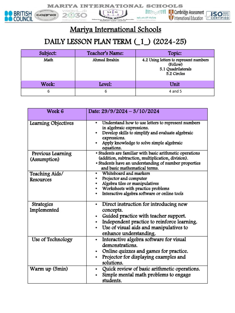 Lesson Plan Week 6 (2024-25) | PDF | Algebra | Multiplication